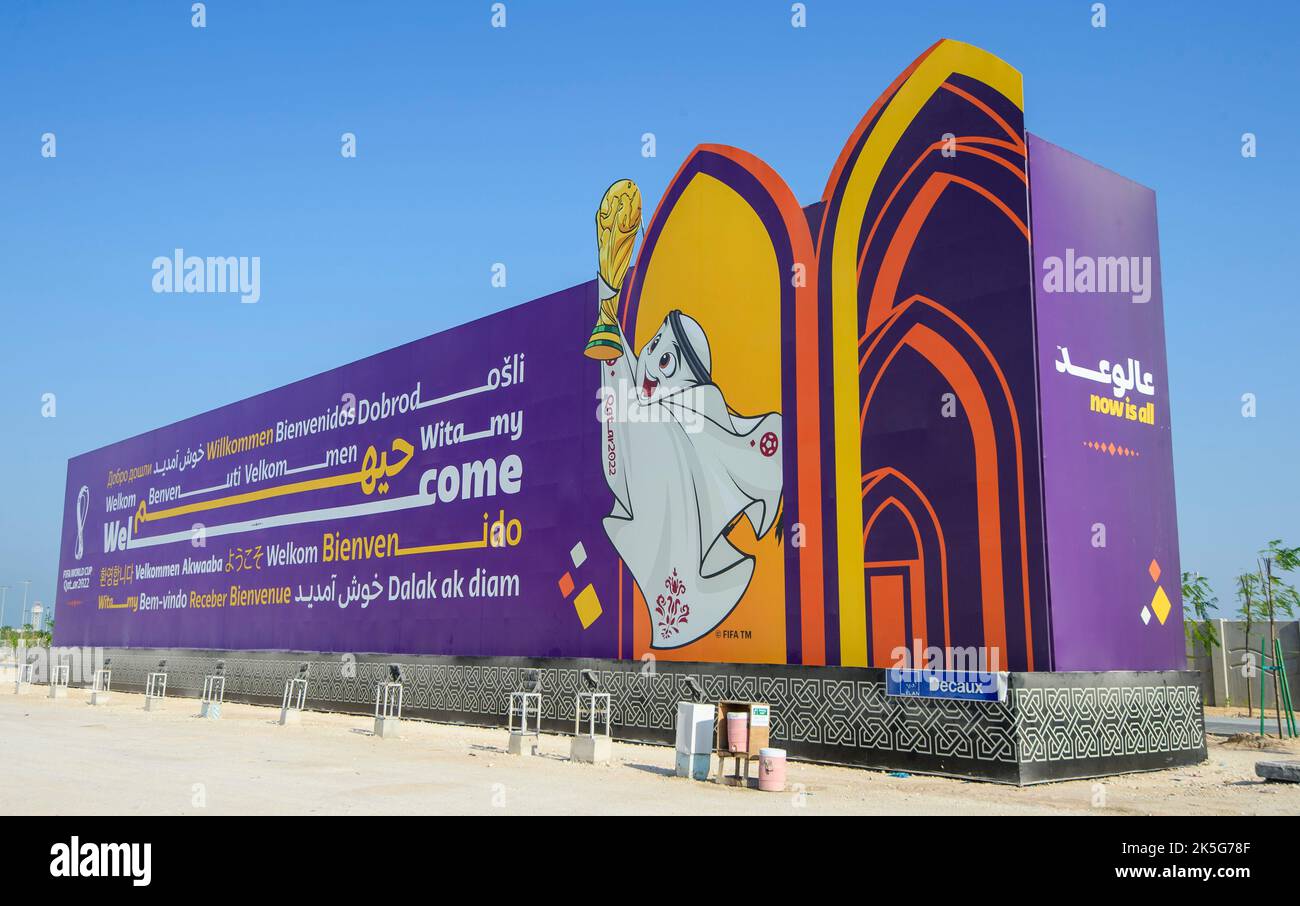 Doha. 7th Oct, 2022. A large Qatar 2022 FIFA World Cup welcome ...