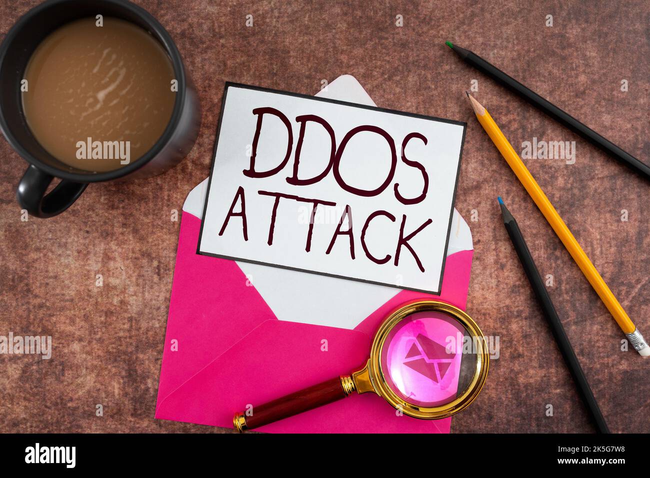 Text caption presenting Ddos Attack. Word Written on disturbed access ...