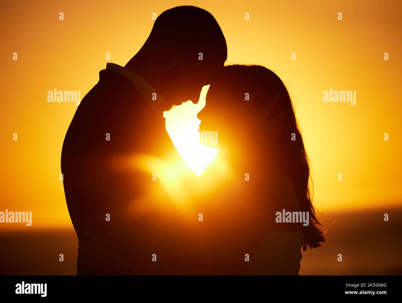 Silhouette Sunset And Couple On Honeymoon Love Bonding Hugging And