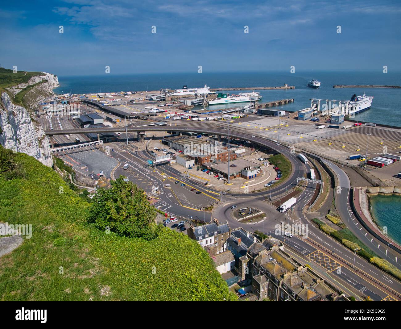 An aerial view of the road layout and docks of the Port of Dover, Kent ...