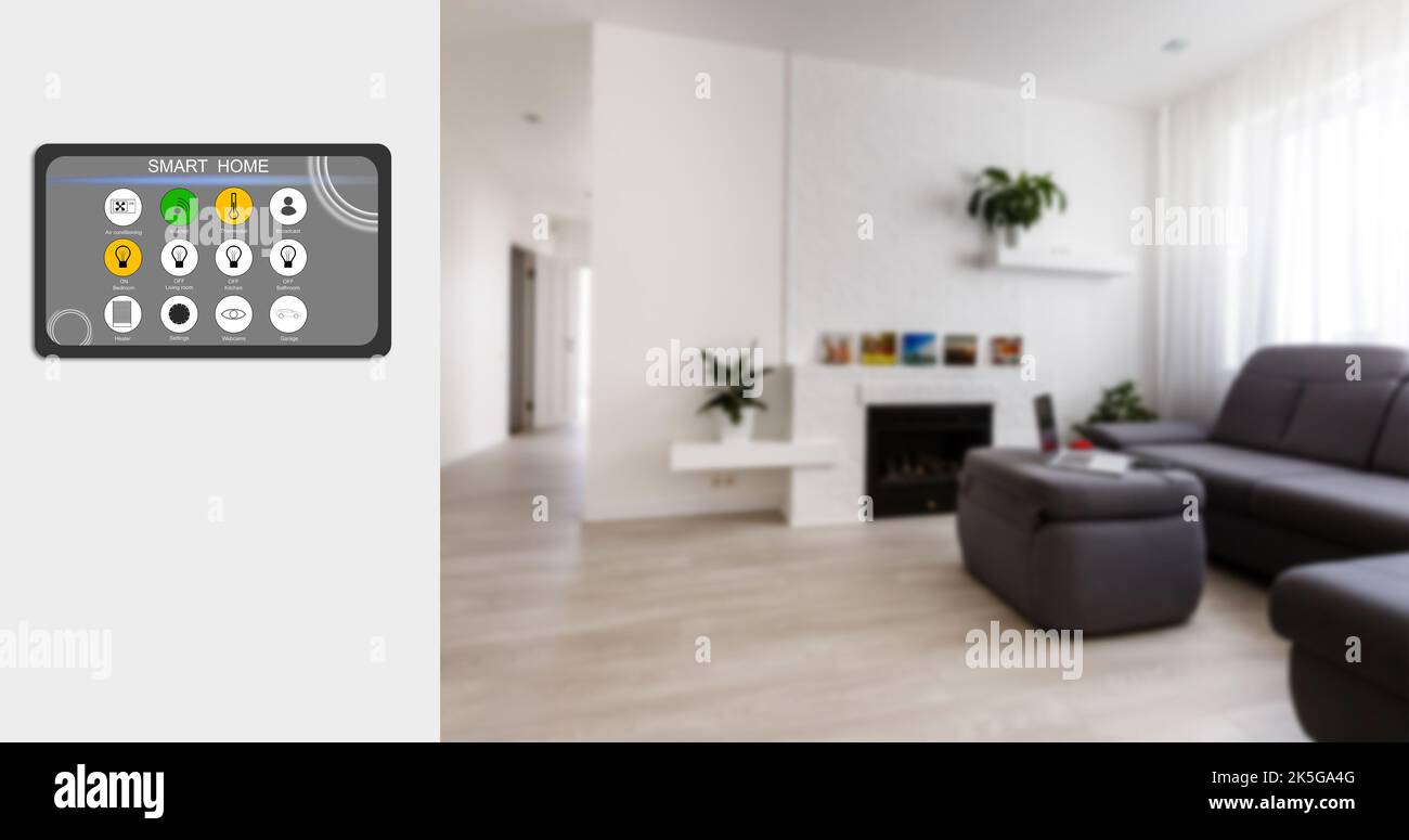 Smart home technology interface on smartphone app screen with augmented ...