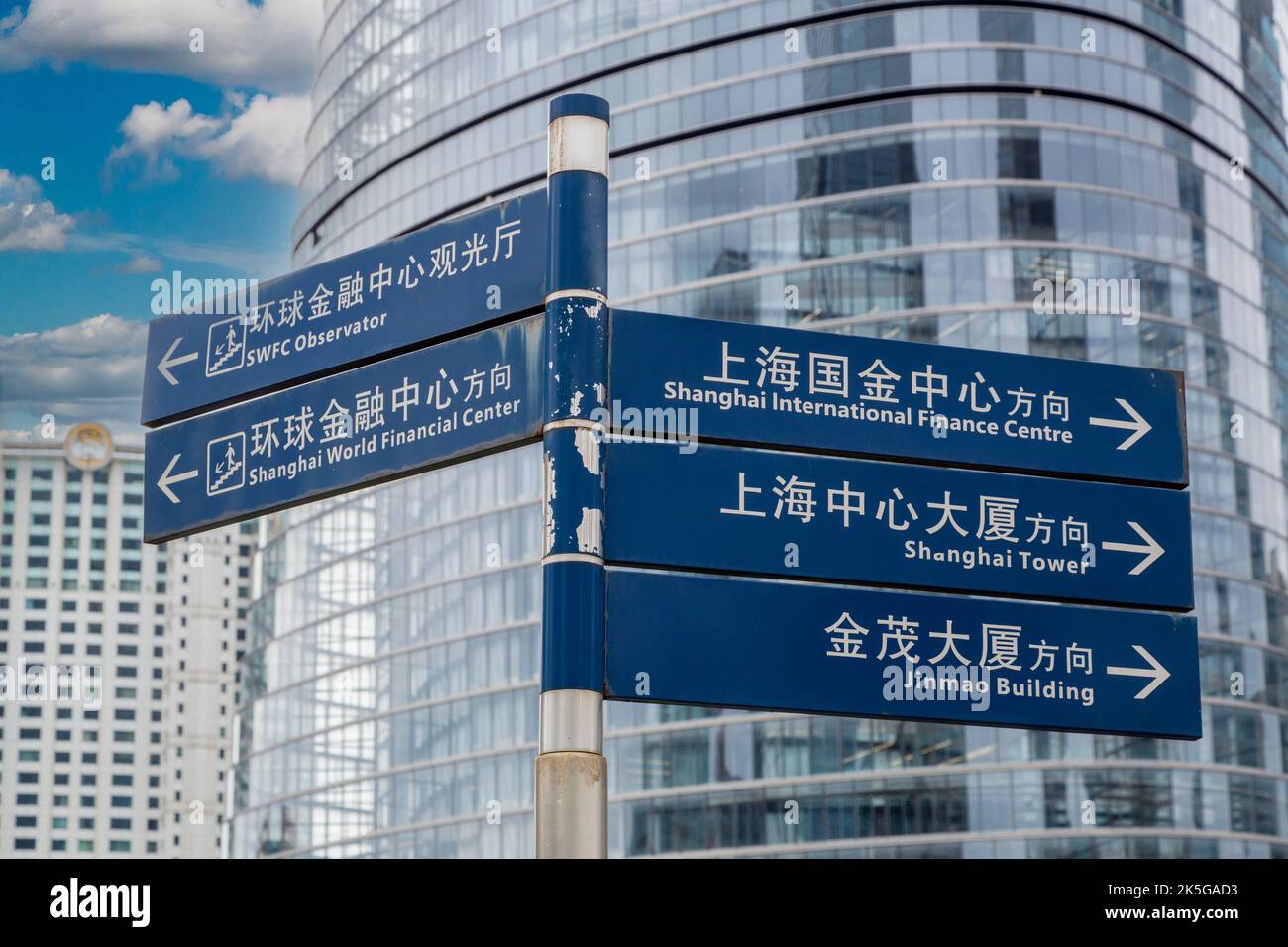 China, Shanghai. Signs Pointing to Important Buildings in Central ...