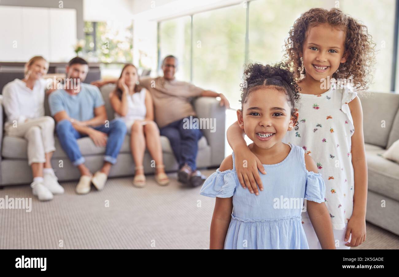 Girl, kids and smile in home living room on holiday together with ...