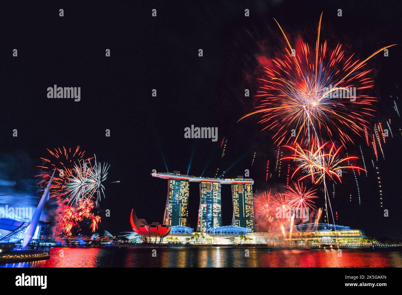 A city night view of gardens by the bay and Bayfront Avenue with ...