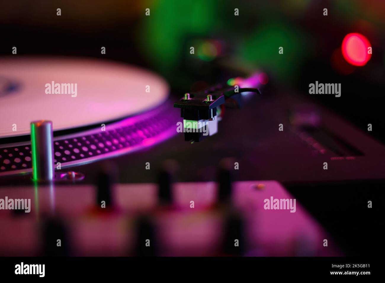 Turntables needle cartridge on tone arm. Professional dj turn table setup for scratch. Vinyl ...