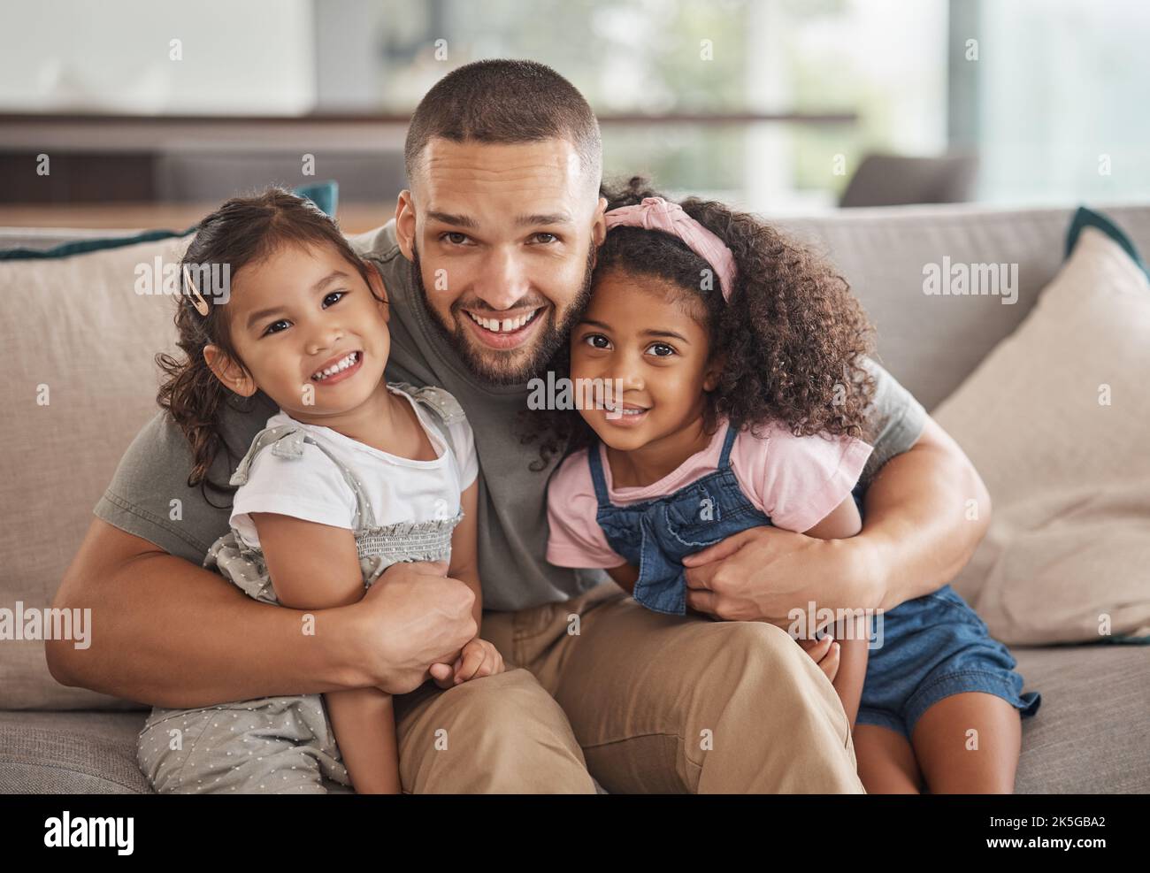 Father, girls and portrait smile of family relaxing in happiness ...