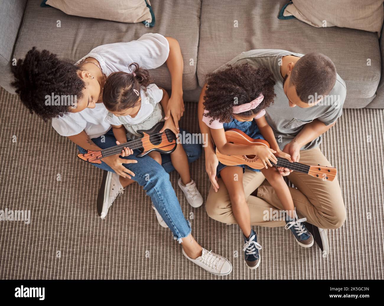 Children guitar, above family and parents teaching kids to play audio ...