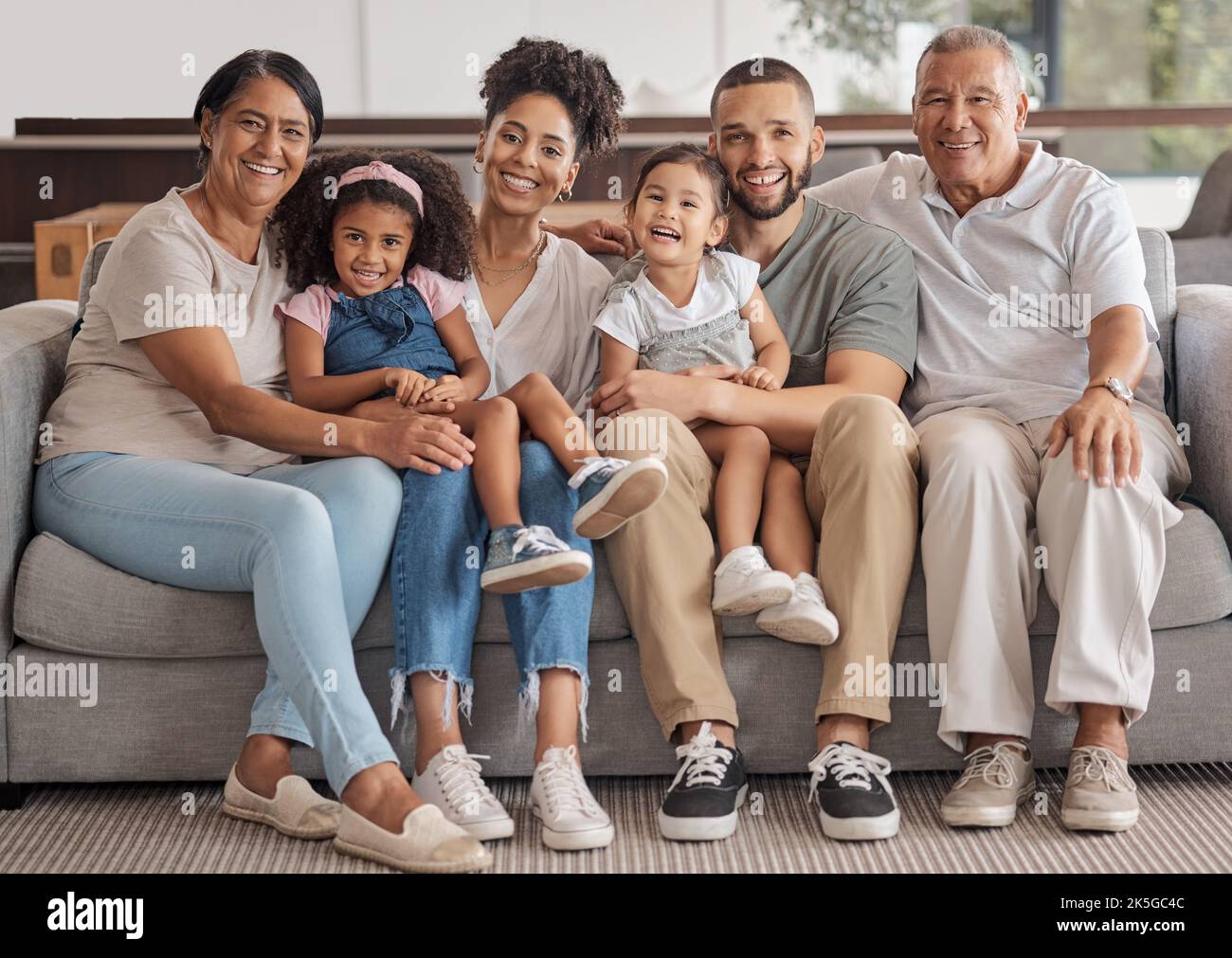 Portrait family, children relax and grandparents happy on living room ...