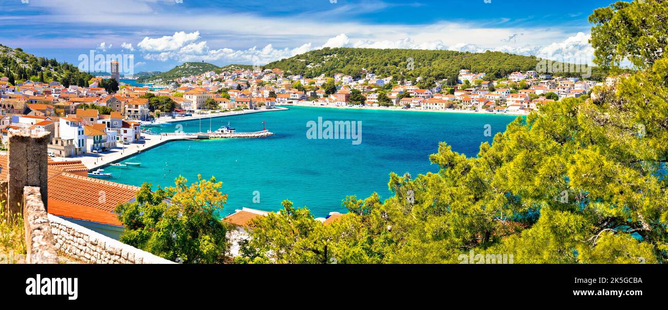 Coastal town of Tisno waterfront panoramic view, bridge to island of ...