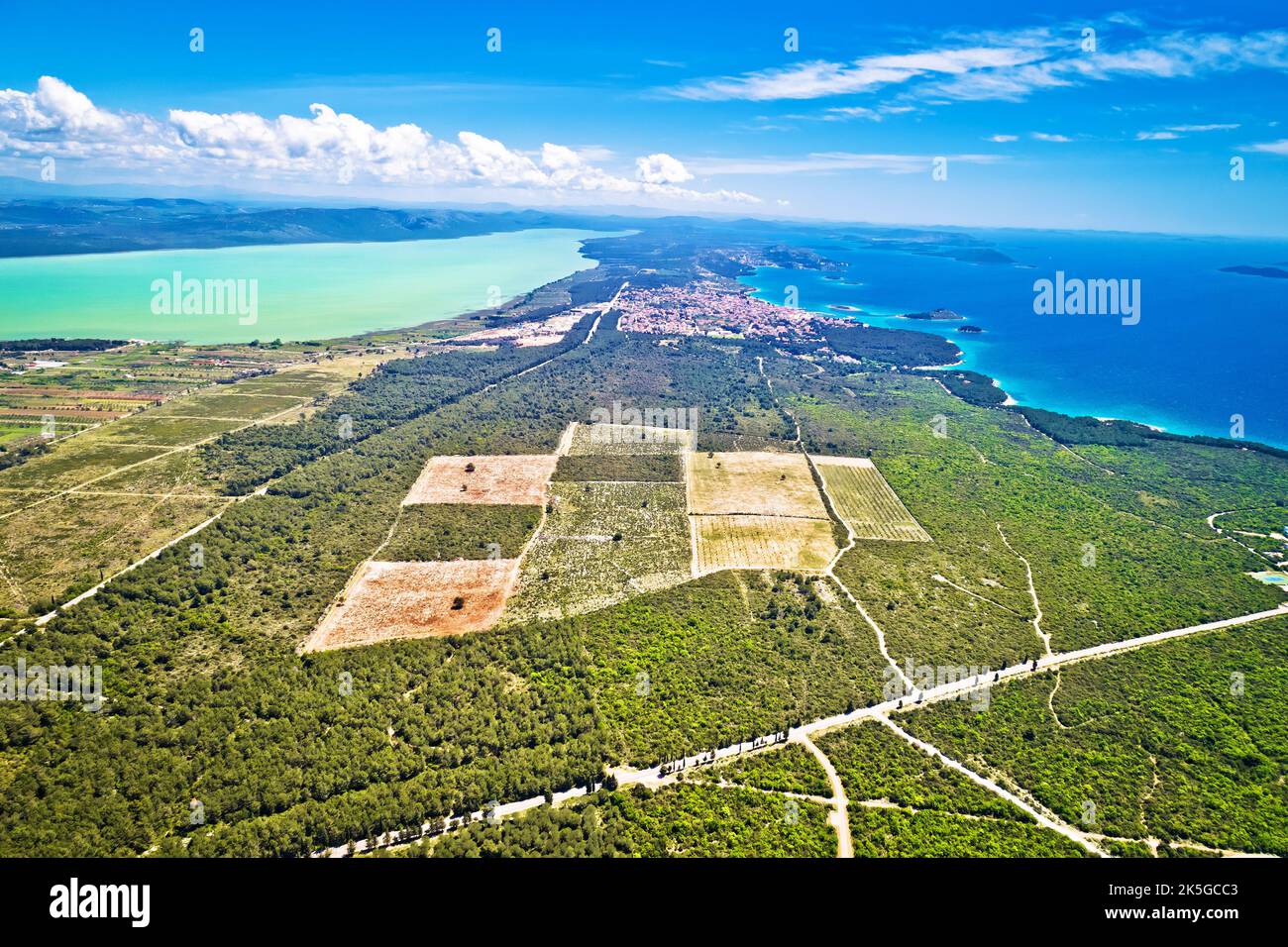 Town of Pakostane archipelago and Vrana lake aerial panoramic view ...