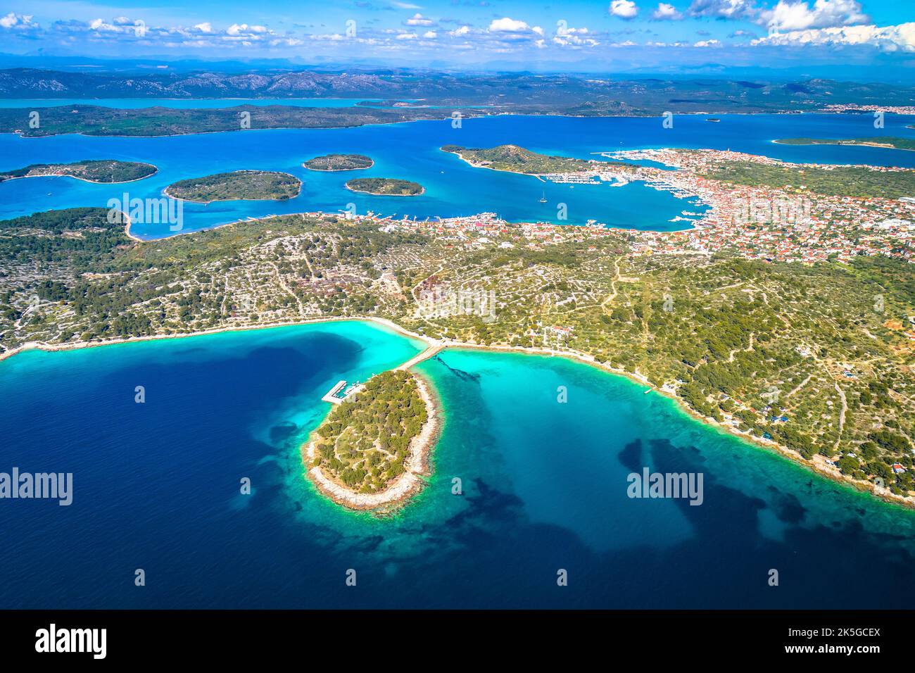 Island of Murter archipelago aerial panoramic view, scenic coast of ...