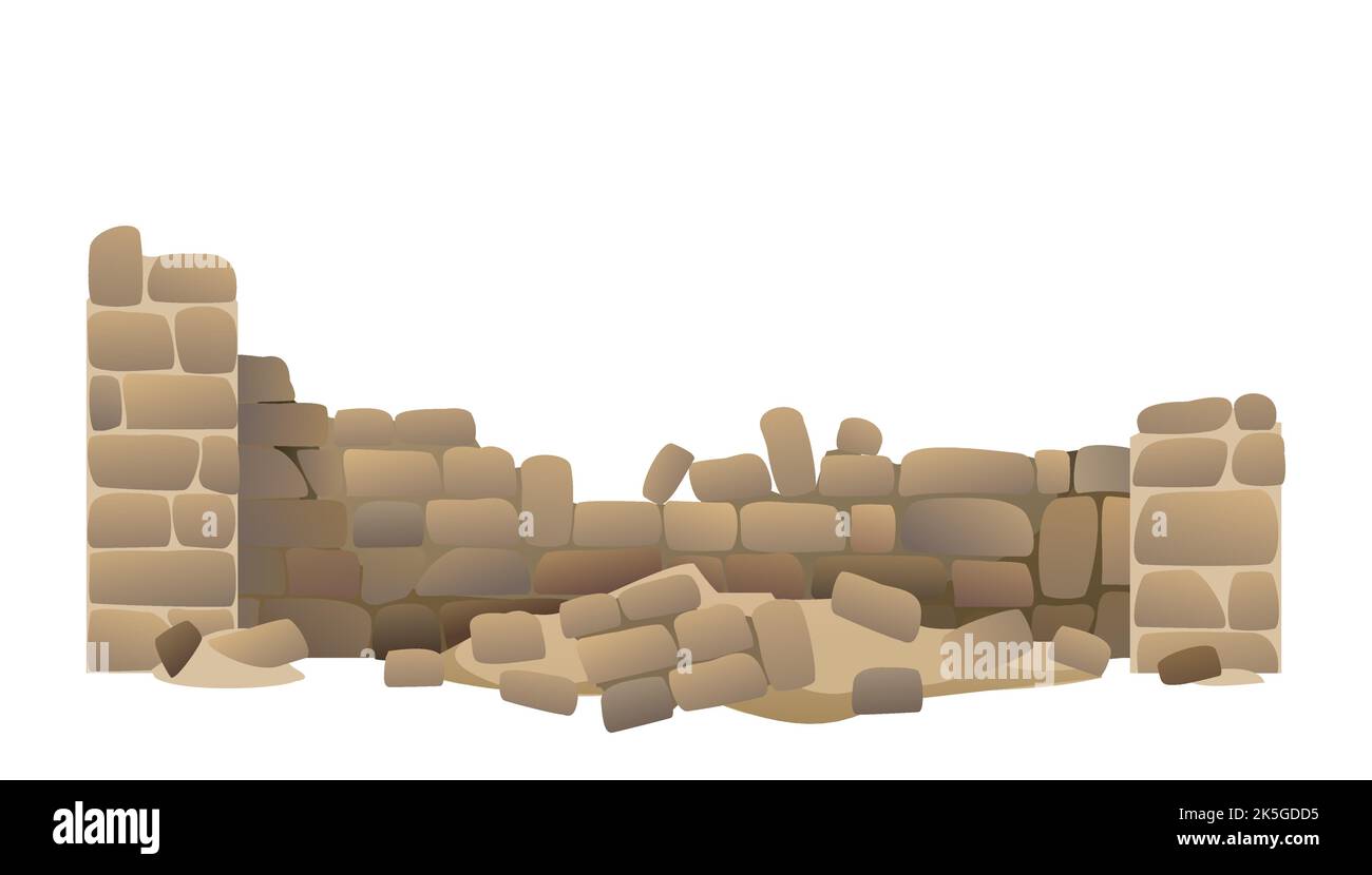 Fence made of rounded stones with supports and foundation. Destroyed ...
