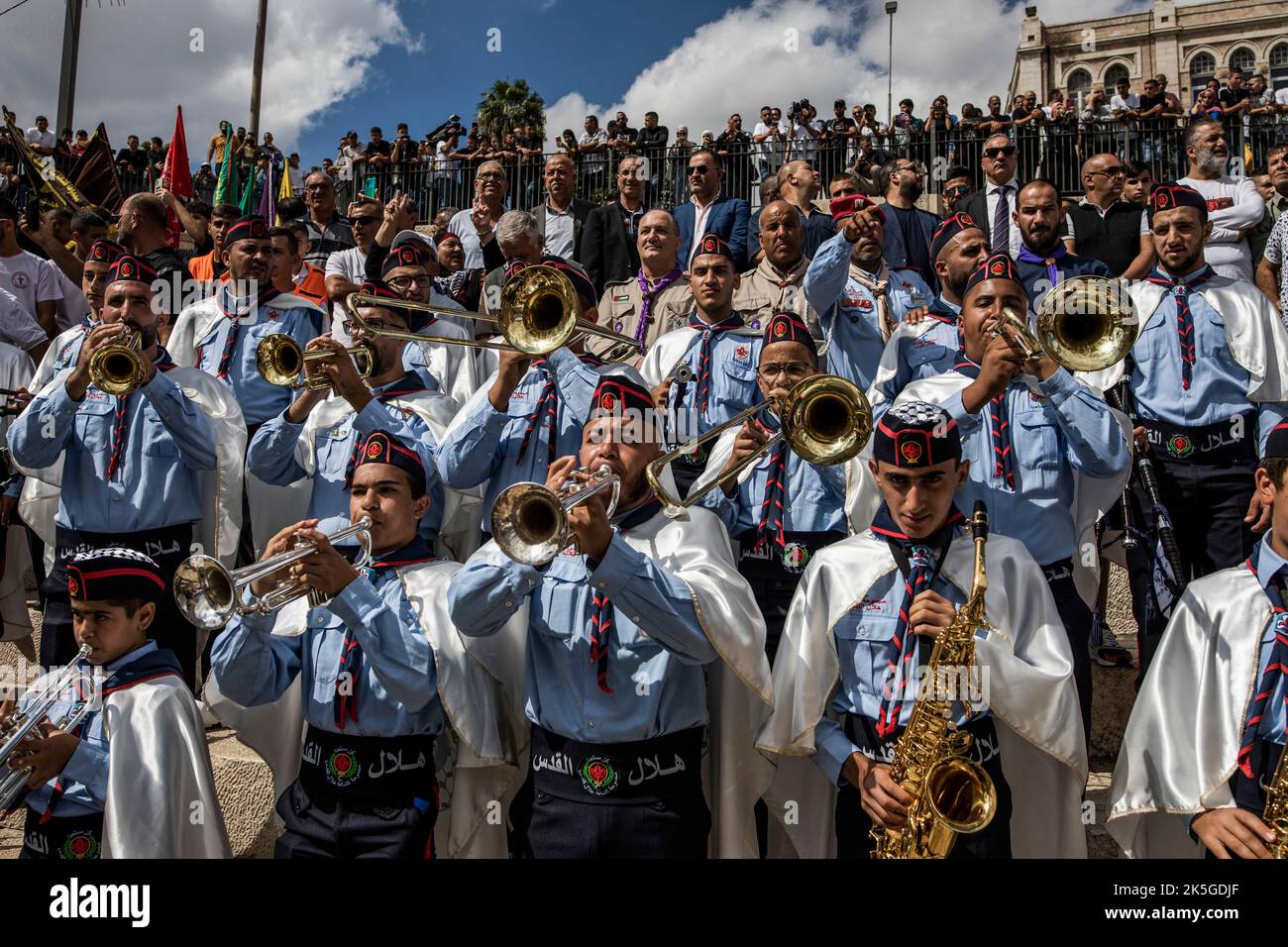 Jerusalem, Israel. 08th Oct, 2022. Palestinian scouts play their ...