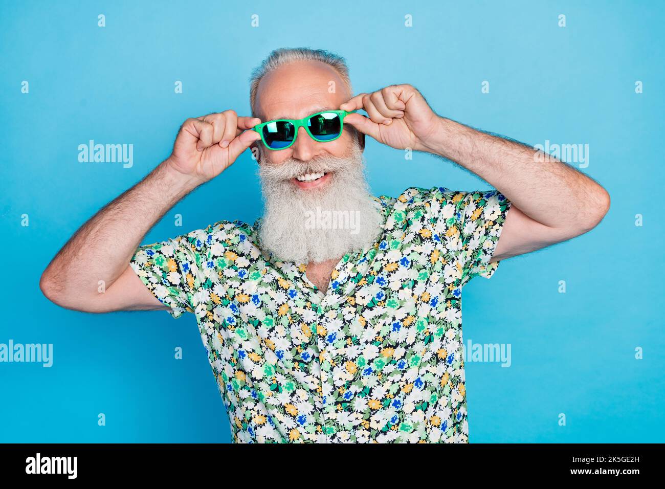 Closeup photo of old senior bearded grandfather toothy smile wear ...