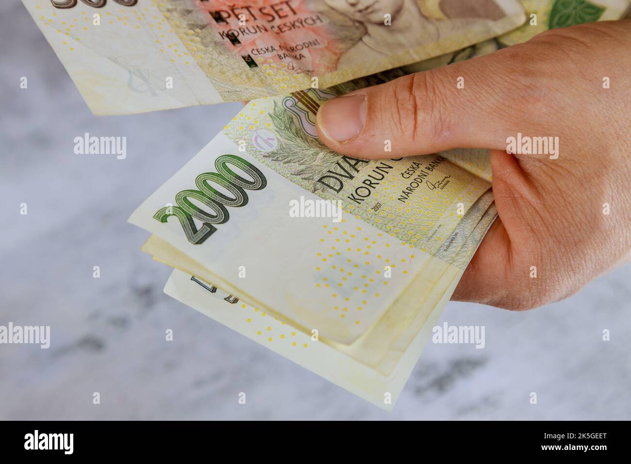 Czech Republic banknotes with man holding and counting Czech koruna ...
