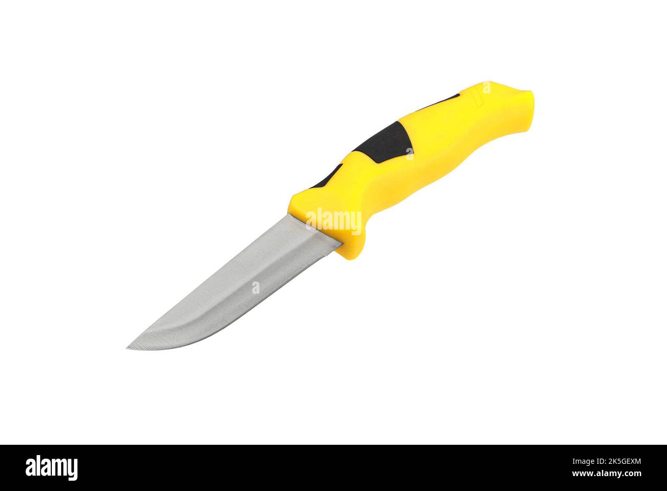 Modern diving knife with silver blade and yellow rubber handle. Steel ...
