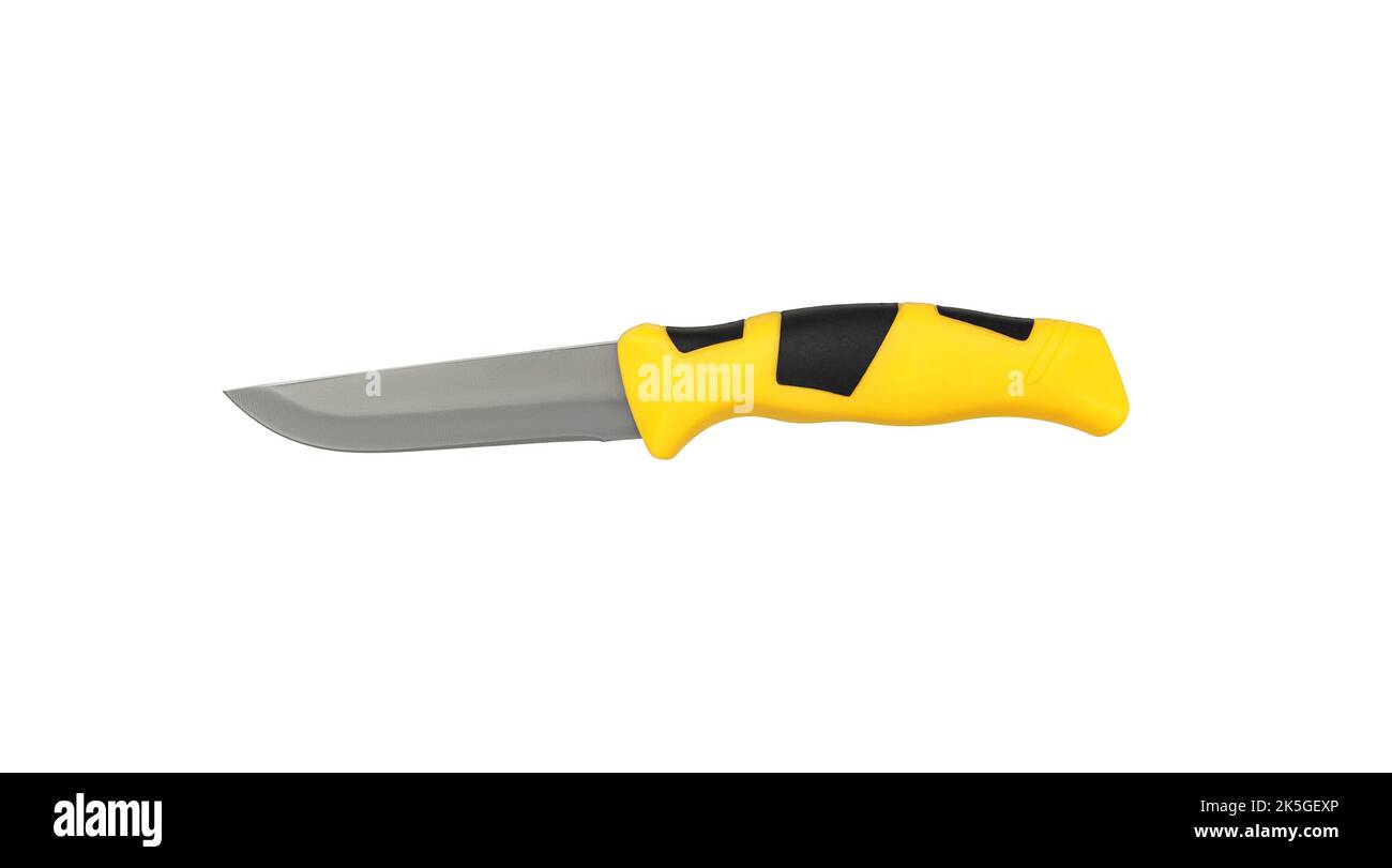 Modern diving knife with silver blade and yellow rubber handle. Steel ...