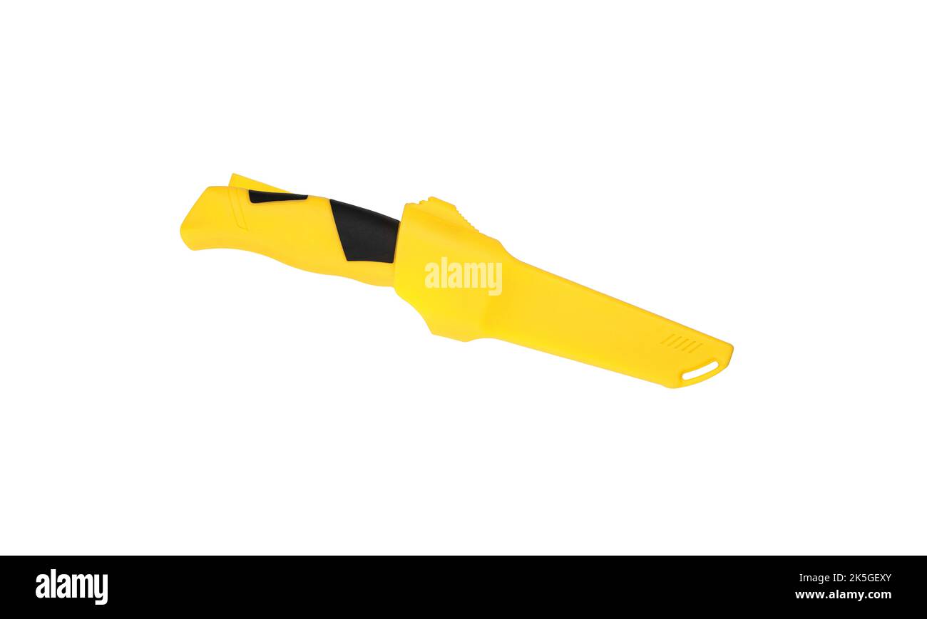 Modern diving knife with silver blade and yellow rubber handle. Steel ...