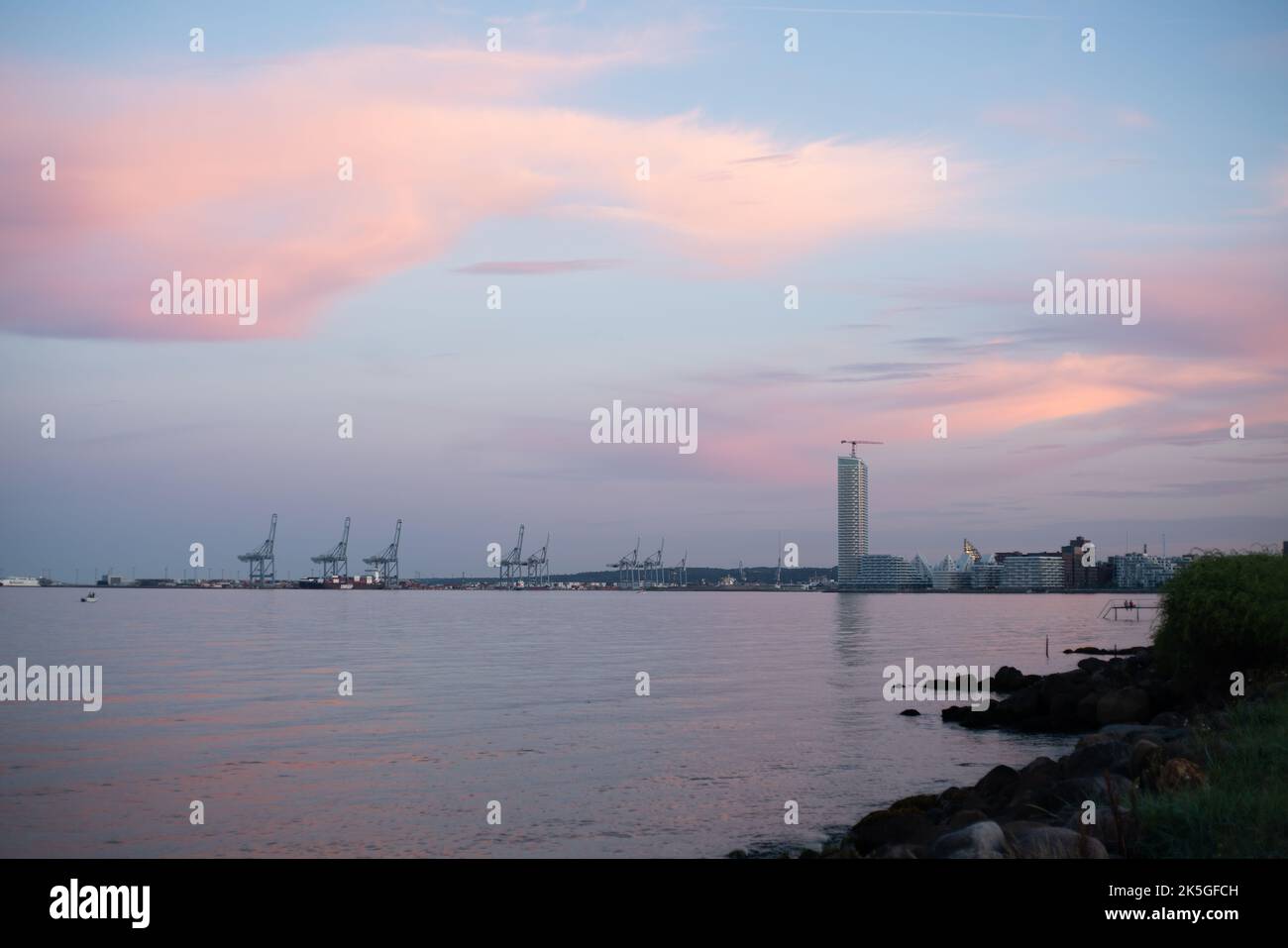 The Aarhus harbor, Den Permanente, Denmark during the sunset Stock ...
