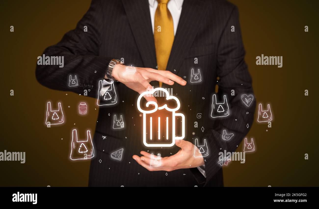 Hand holding food related icons Stock Photo - Alamy