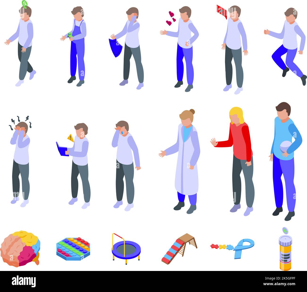 Signs of autism icons set isometric vector. Child symptom. Neurology ...