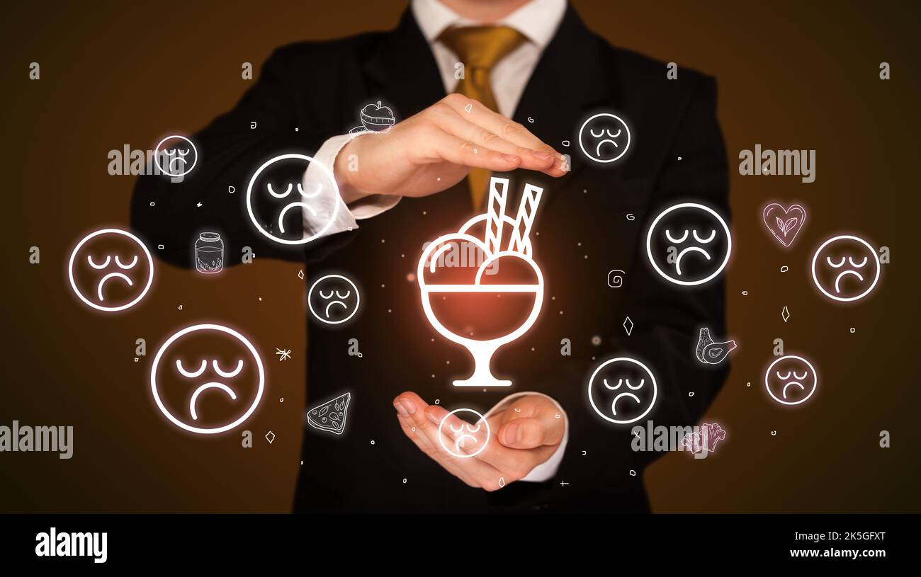 Hand holding food related icons Stock Photo - Alamy
