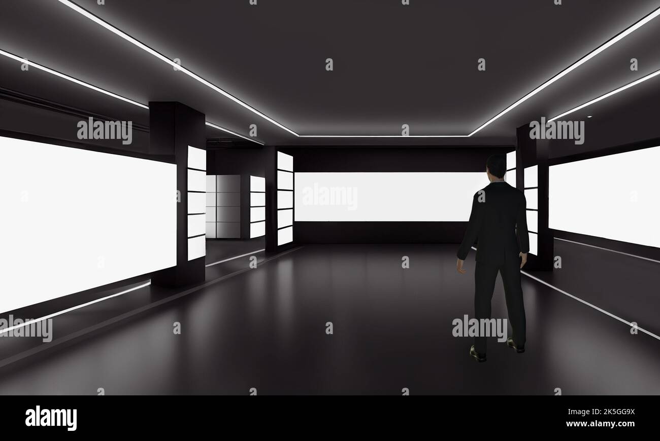 Businessman watching frames in gallery. Abstract interior blank wall ...