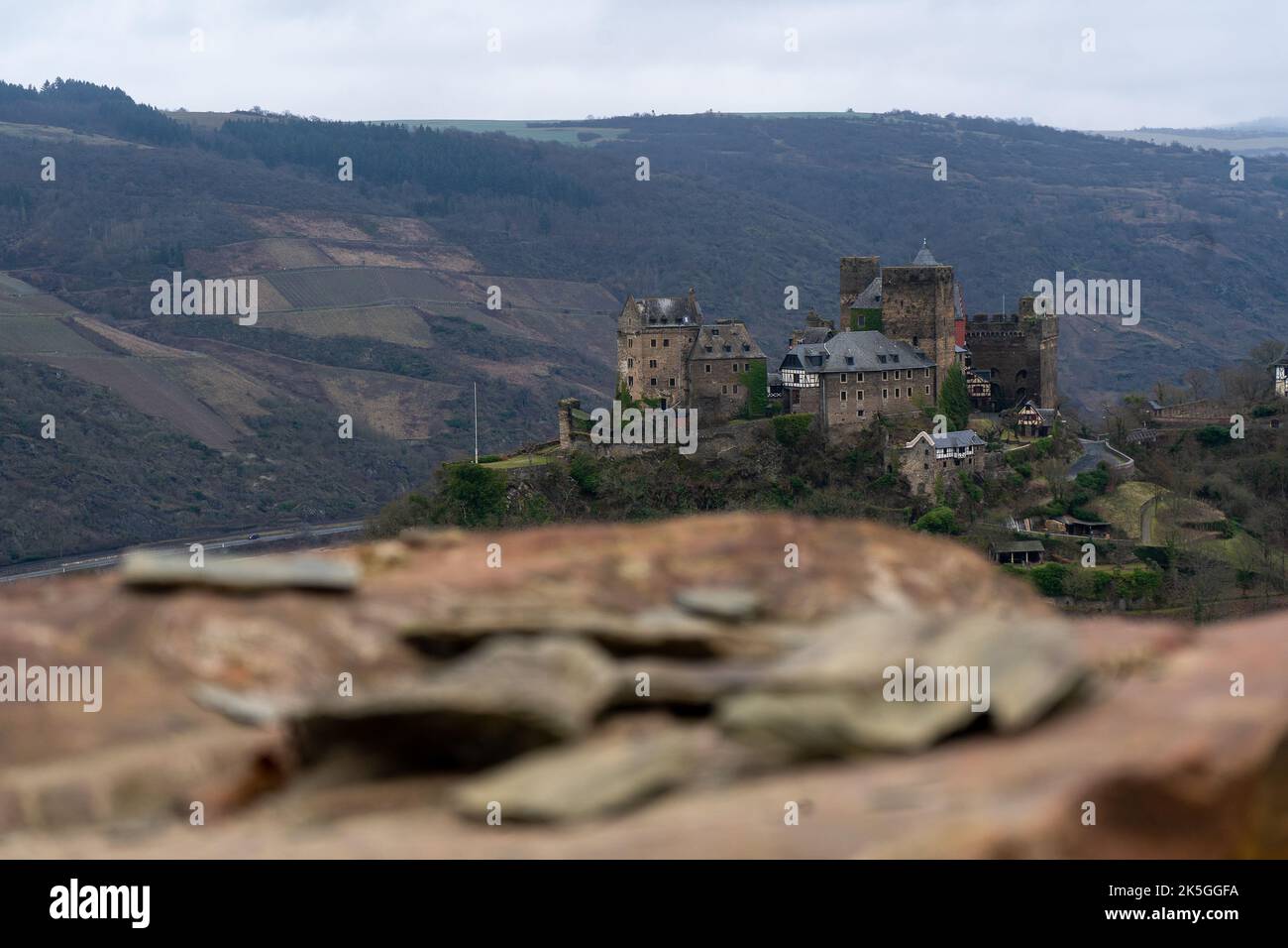 A medieval castle standing on a hill with the forest and blue sky in ...