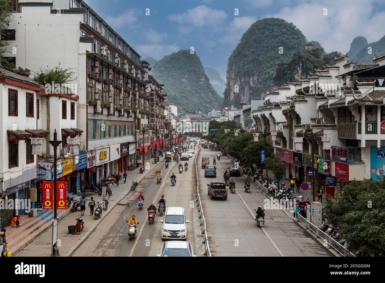 Yangshuo, China. Street Scene, Karst Landscape in Background Stock ...