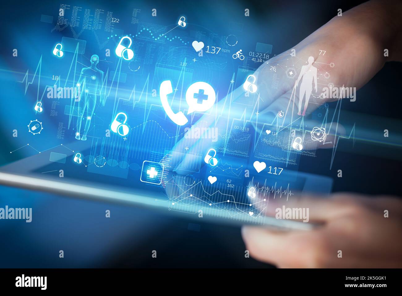 Close-up of a touchscreen with healthcare icons Stock Photo - Alamy