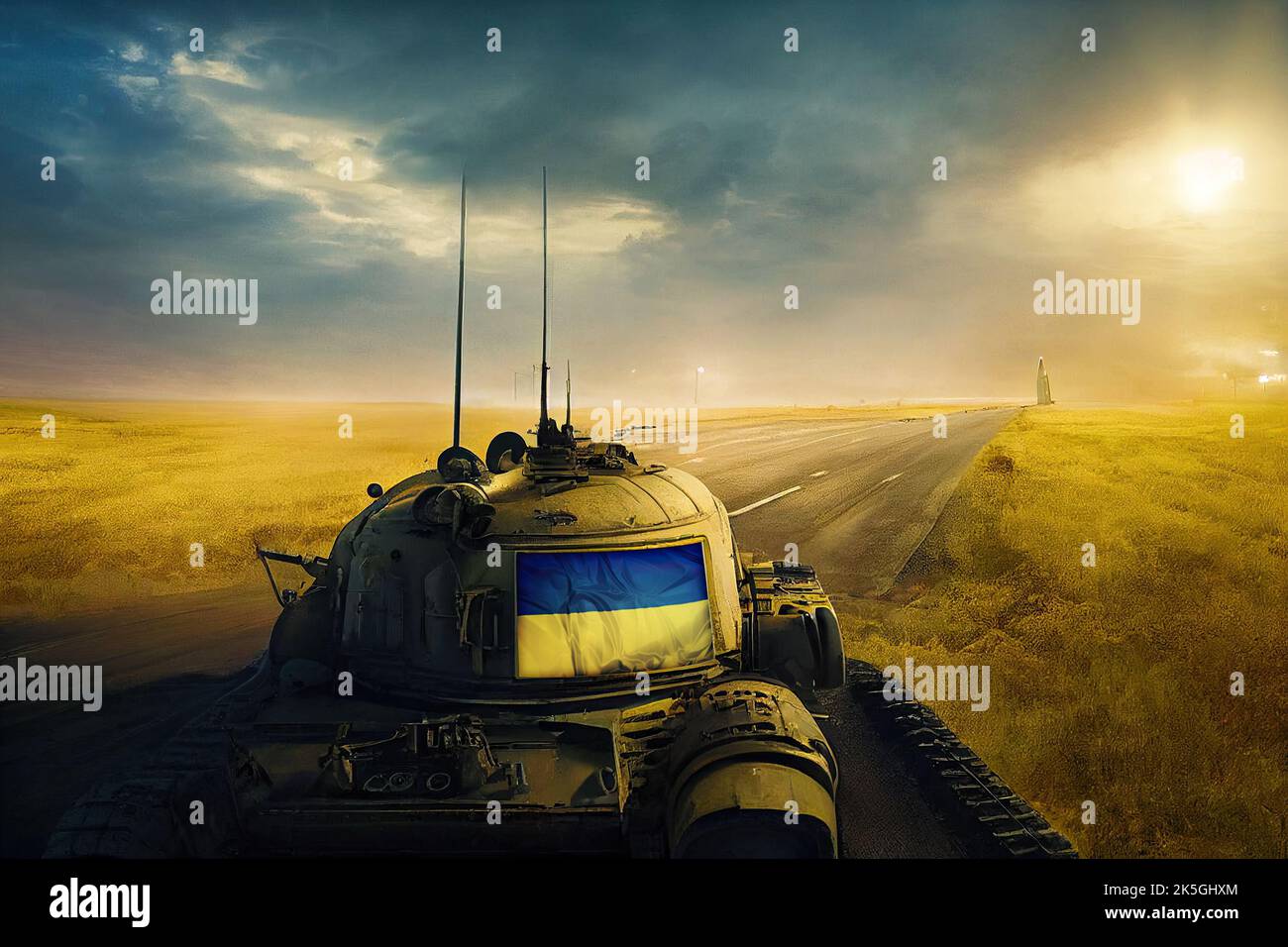 A war tank of the Ukraine army standing on a wasteland with Ukraine ...