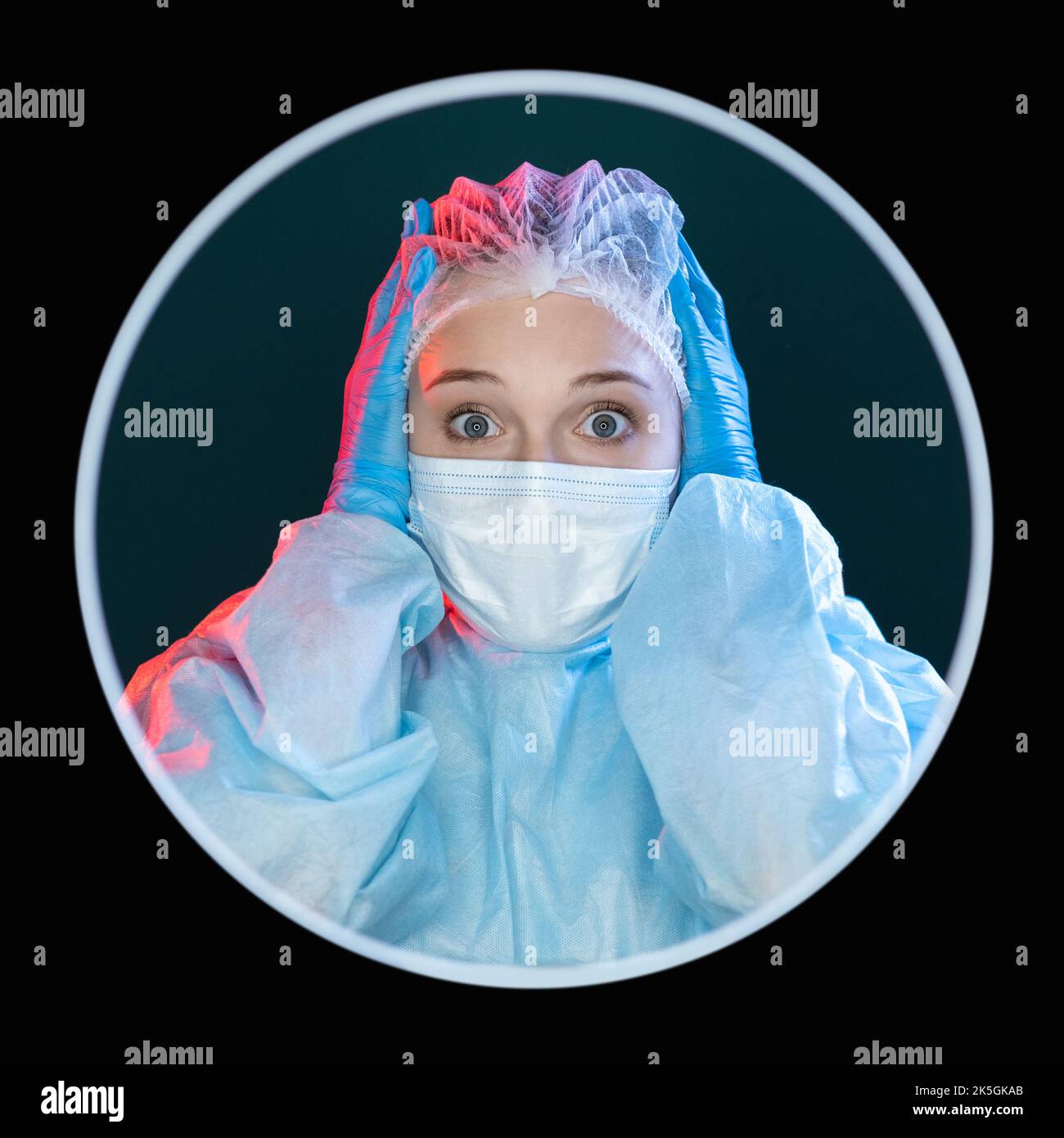 Scared doctor. Medical error. Panic anxiety. Headshot portrait of ...