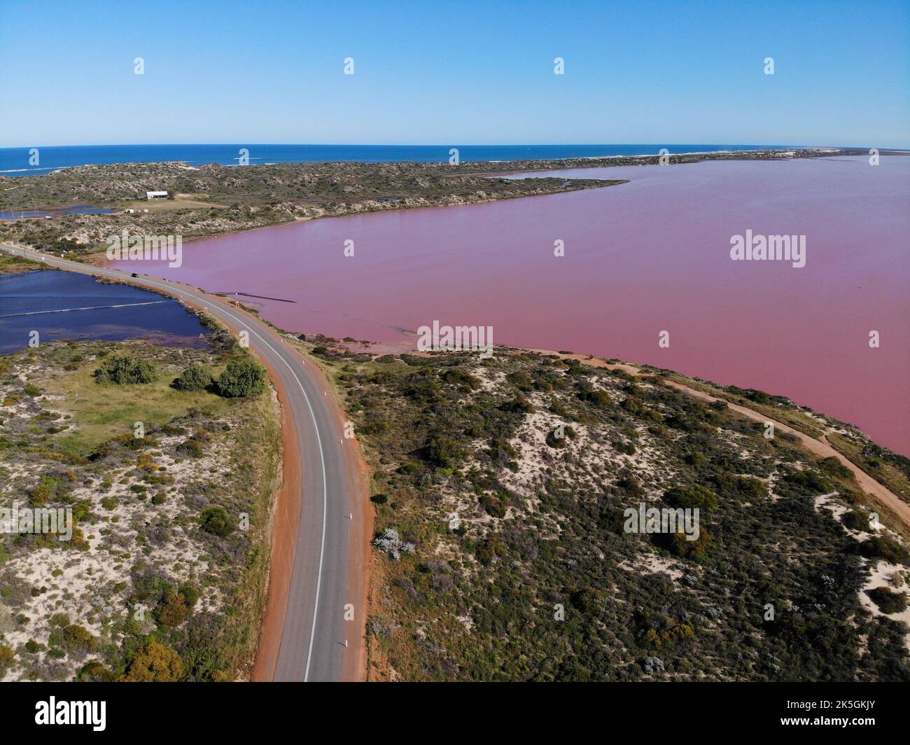 The beautiful view of the Pink Lake from a drone. Western Australia ...
