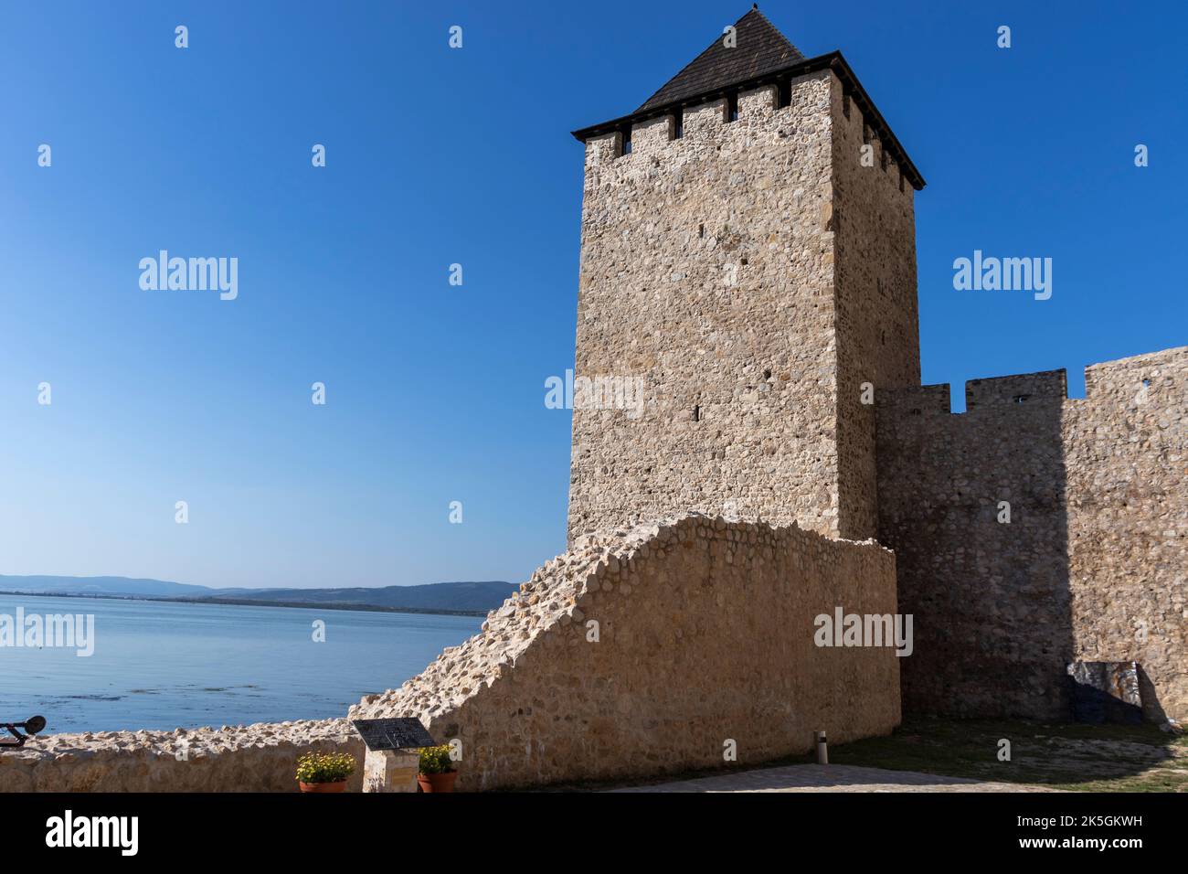 Ruins of Medieval fortified town of Golubac at the coast of Danube ...