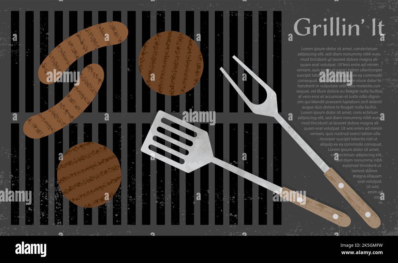 A set of grilling tools and grilled burgers and sausages, in a cut ...