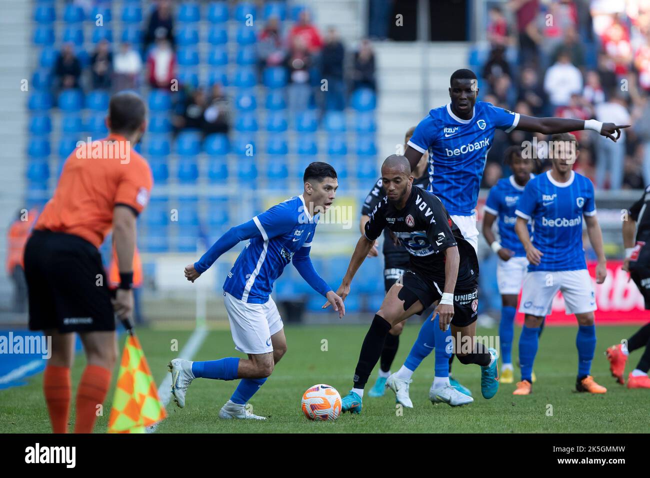 Genk's Gerardo Arteaga and Kortrijk's David Henen pictured in action ...