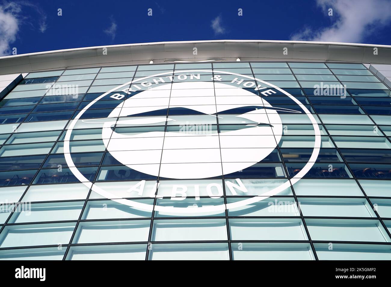 A Brighton and Hove Albion club crest on the side of the stadium ahead ...