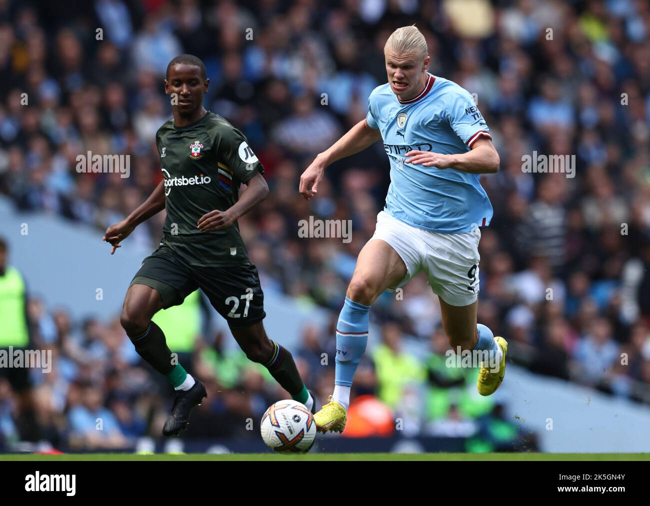 Manchester, England, 8th October 2022. Erling Haaland of Manchester City in action during the ...