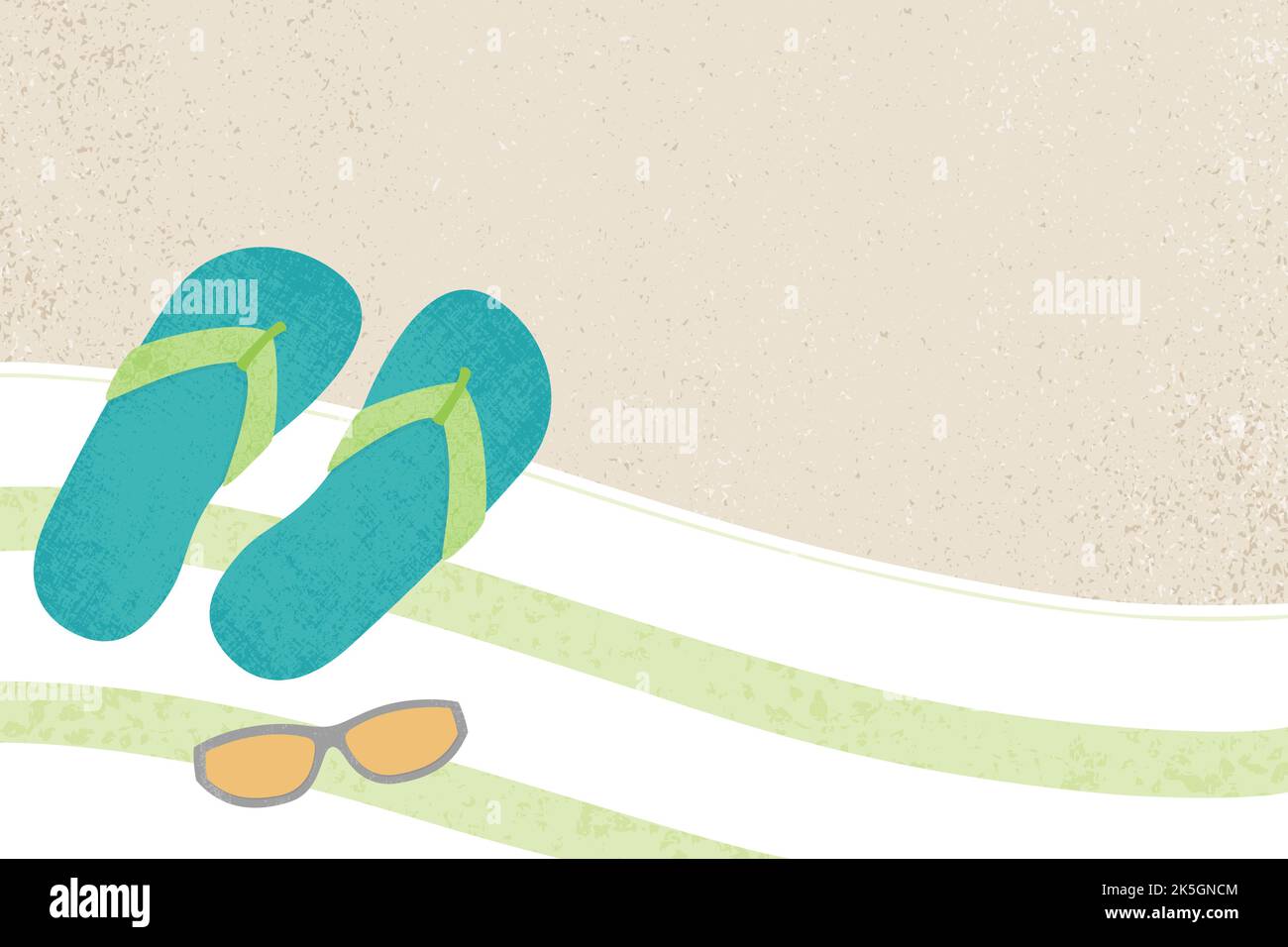 A pair of flip flops and sunglasses on a beach towel, in a cut paper ...