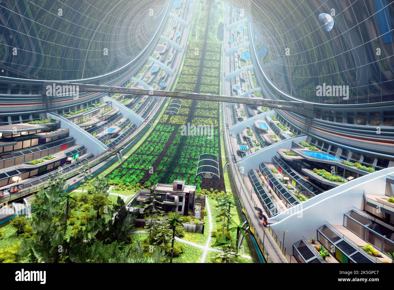 Artwork of the interior of a Stanford Torus. This is a design for a ...