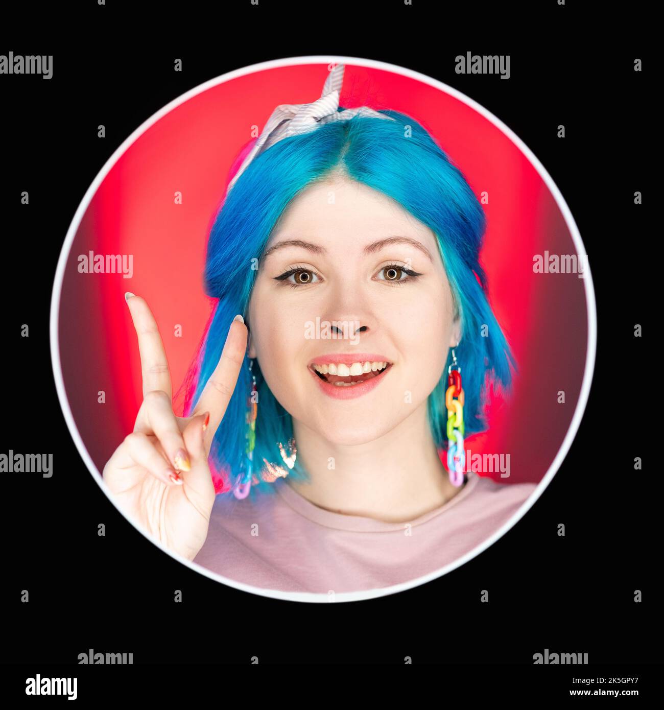 Peace gesture. Greeting woman. Victory sign. Cheerful cute model face ...