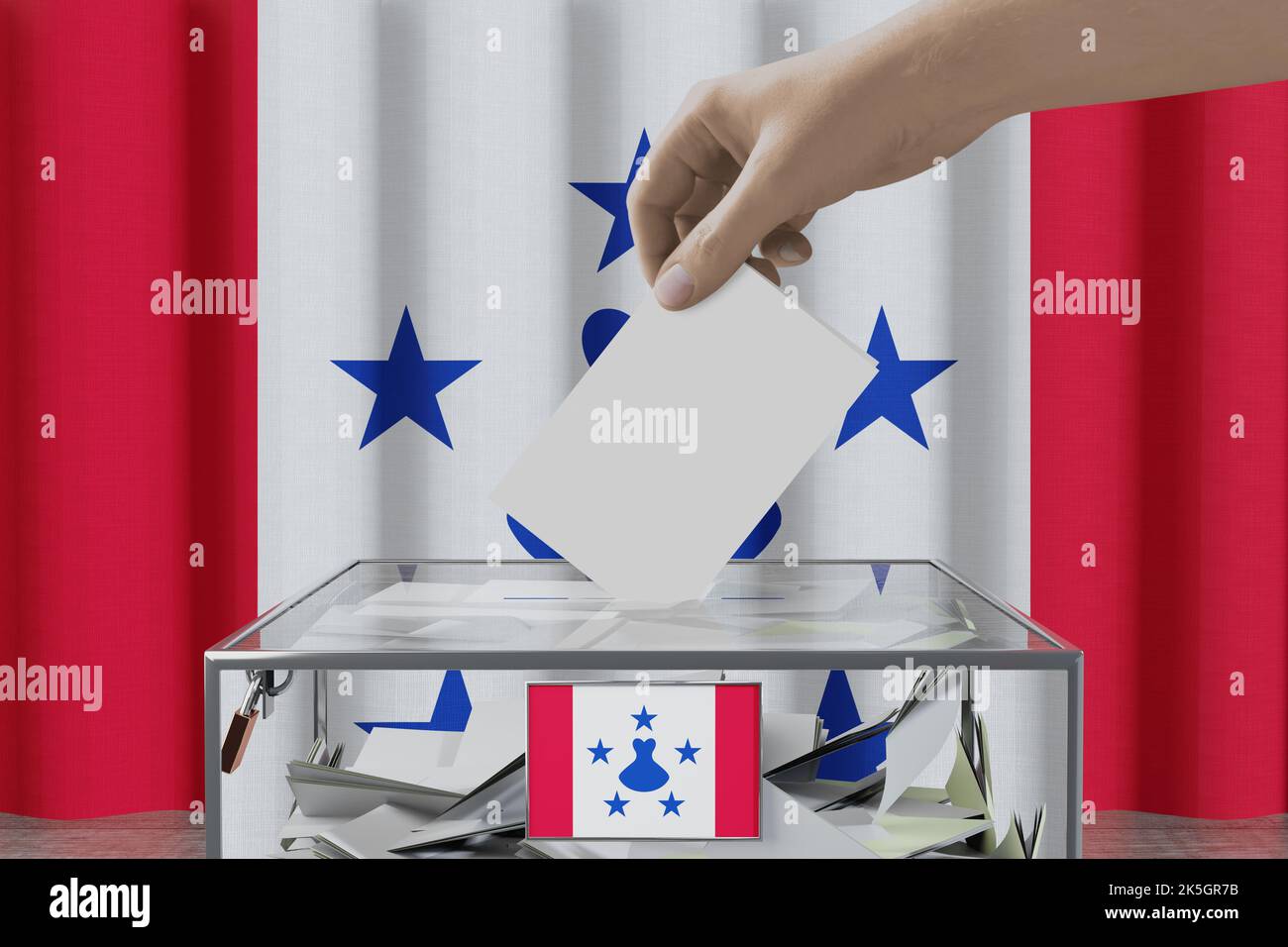 Austral Islands flag, hand dropping ballot card into a box - voting ...