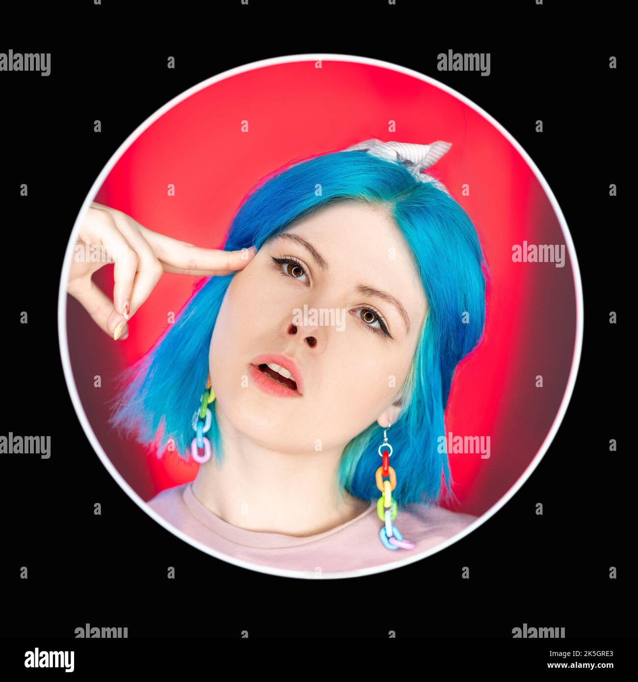 Gun gesture. Bored woman. Shooting sign. Annoyed model face showing ...