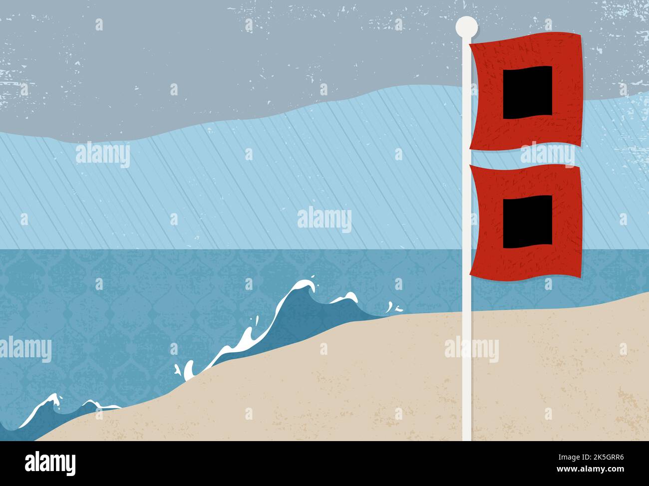 Hurricane warning flags flying on the beach, in a cut paper style with ...
