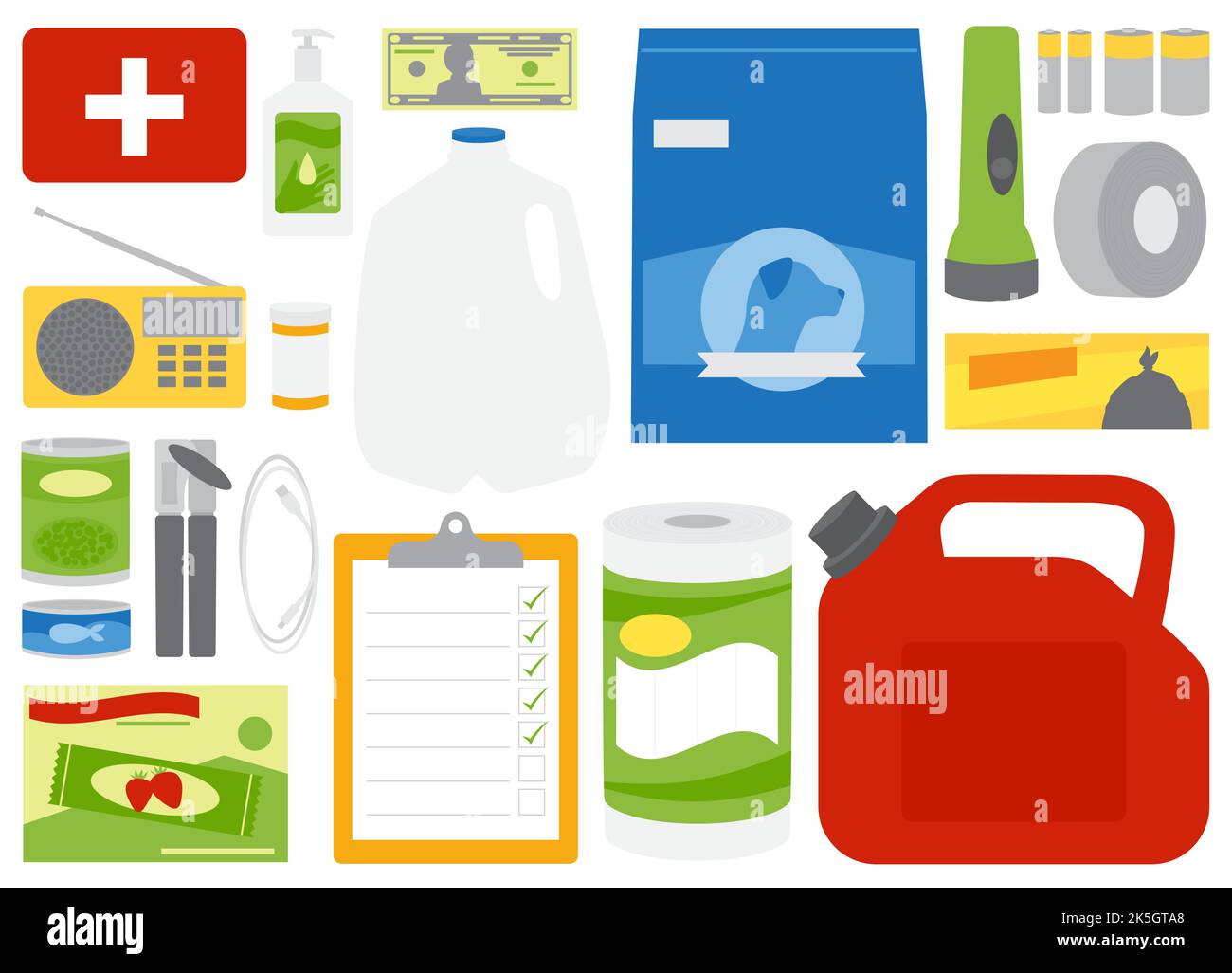 A set of emergency supplies, hurricane and disaster preparedness items ...