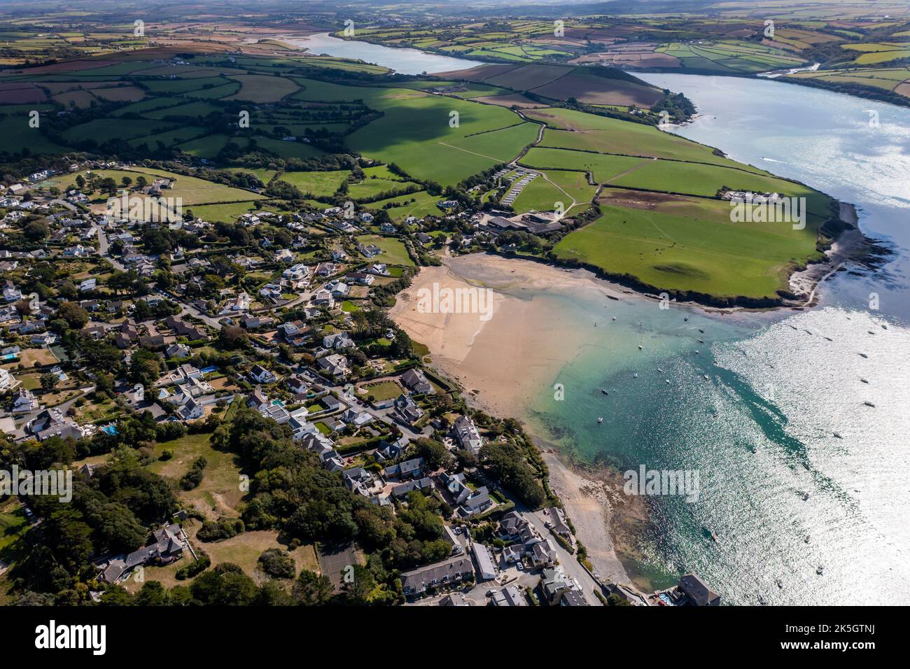 Aerial view of the village of Rock on The Camel Estuary in Cornwall, UK ...