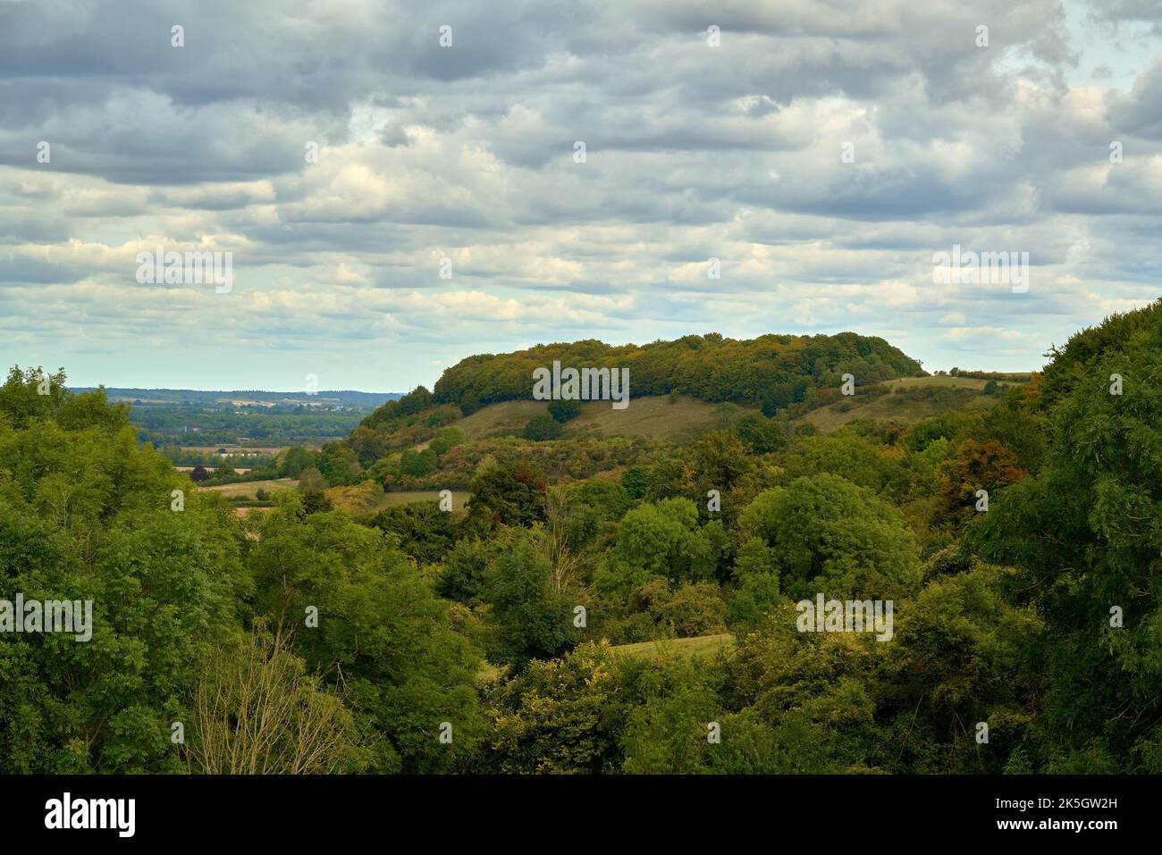 A scenic view of a hill covered with trees surrounded by valleys and ...