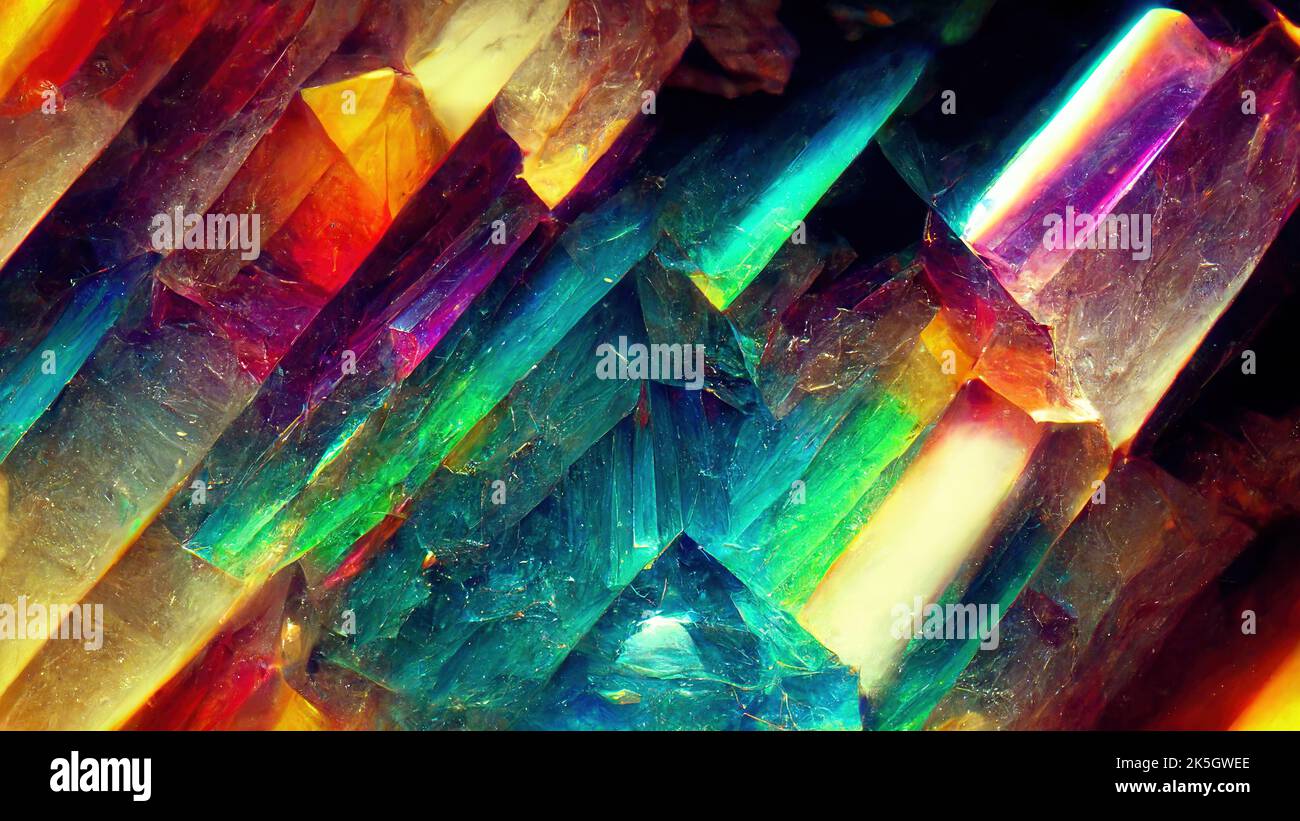 A closeup of glass crystals and prisms with color spectrum rays ...
