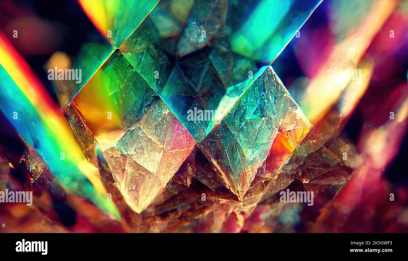 A closeup of glass crystals and prisms with color spectrum rays ...