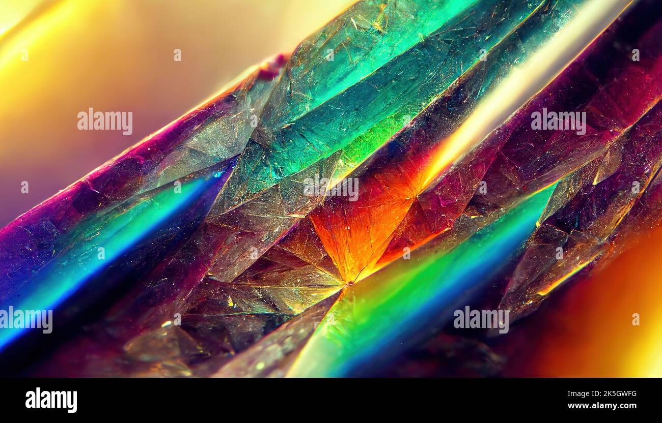 A closeup of glass crystals and prisms with color spectrum rays ...